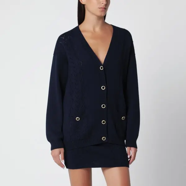 Alessandra Rich Navy Merino Wool Knit Cardigan - Blue