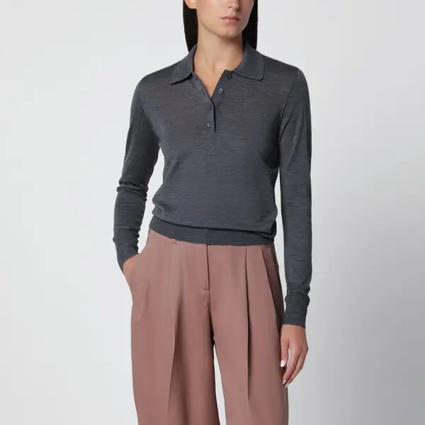 GOLDEN GOOSE Anthracite Virgin Wool Long-sleeved Polo Shirt - Grey