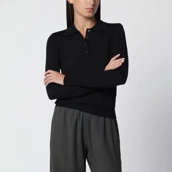 GOLDEN GOOSE Virgin Wool Long-sleeved Polo Shirt - Black