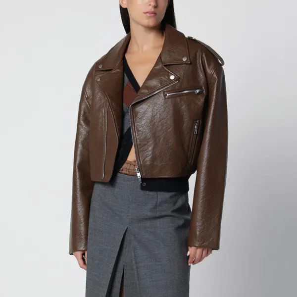 THE FRANKIE SHOP Cropped Biker Jacket In Faux Leather - Brown