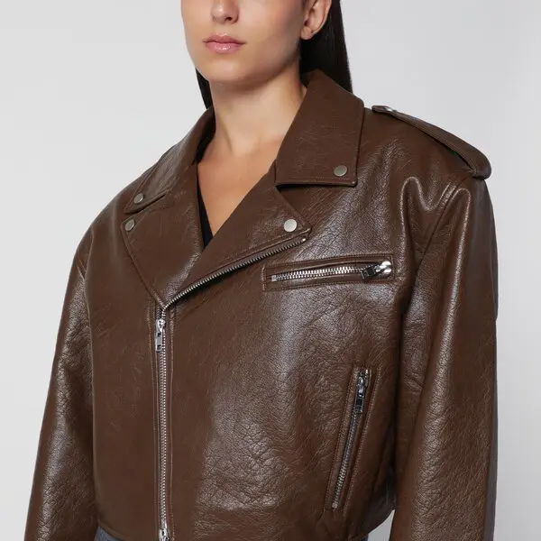 THE FRANKIE SHOP Cropped Faux Leather Biker Jacket - Brown