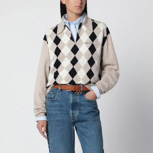 Miu Miu Argyle Cashmere Polo Shirt - Beige
