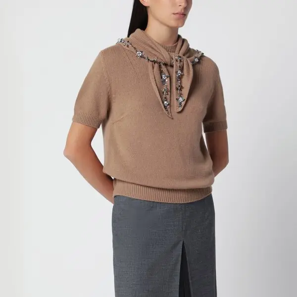 Prada Camel Cashmere Sweater With Jewel Scarf - Beige