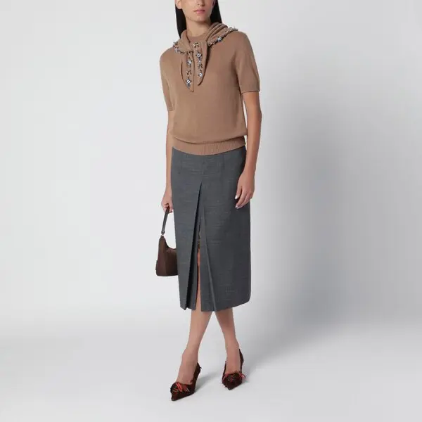 Prada Camel Cashmere Sweater With Jewel Scarf