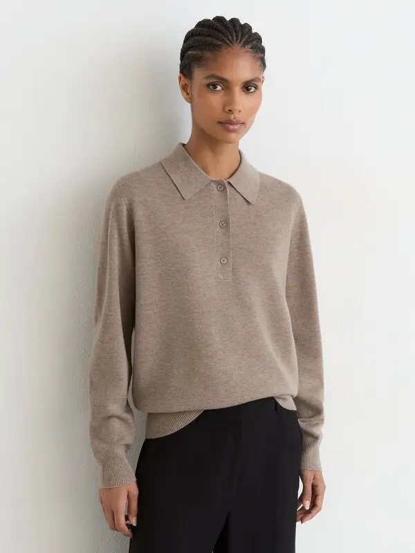REISS Merino Wool Knitted Polo Jumper - Neutral