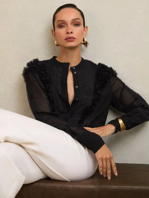 REISS Atelier Sheer Ruffle-trim Blouse - Black