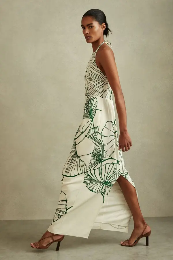 REISS White & Green Halter Neck Maxi Dress - White/green