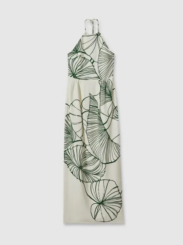 REISS White & Green Halter Neck Maxi Dress