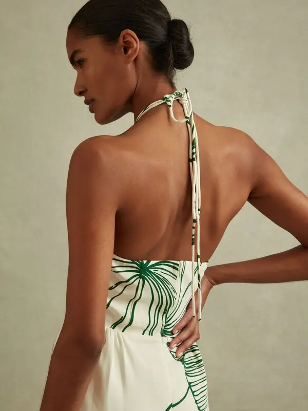 REISS White & Green Halter Neck Maxi Dress