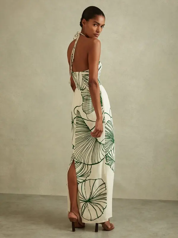 REISS White & Green Halter Neck Maxi Dress