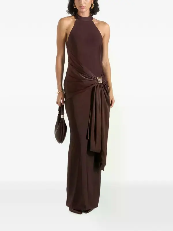 Manière De Voir Willow In Halter-neck Clasp-detail Satin-sash Maxi Dress - Brown