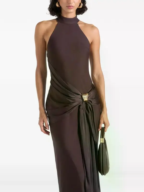 Manière De Voir Willow Halterneck Maxi Dress With Embellished Clasp - Brown