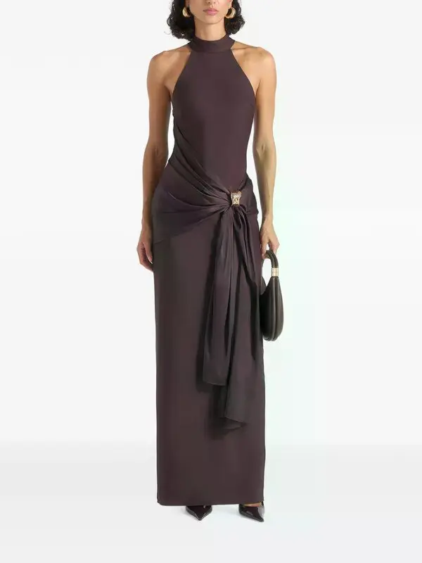 Manière De Voir Willow Halterneck Maxi Dress With Embellished Clasp - Brown