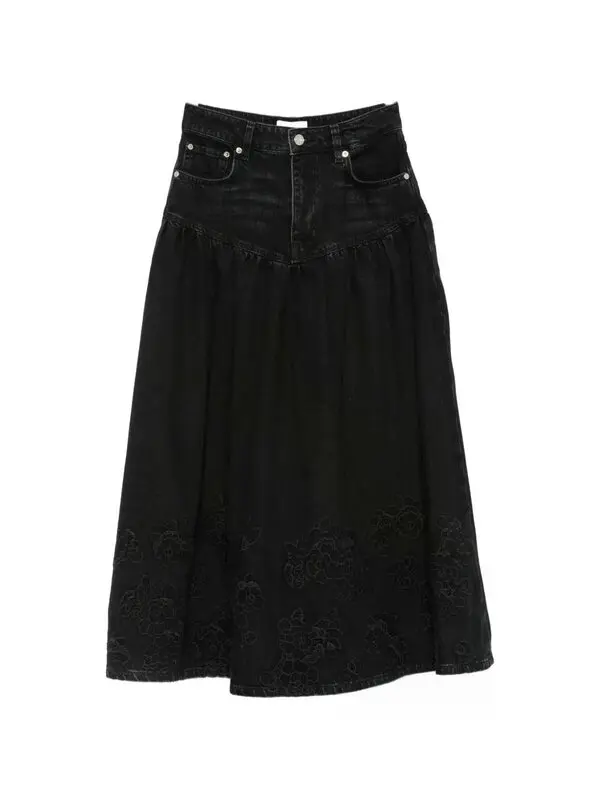 GANNI Embroidered Denim Midi Skirt - Black