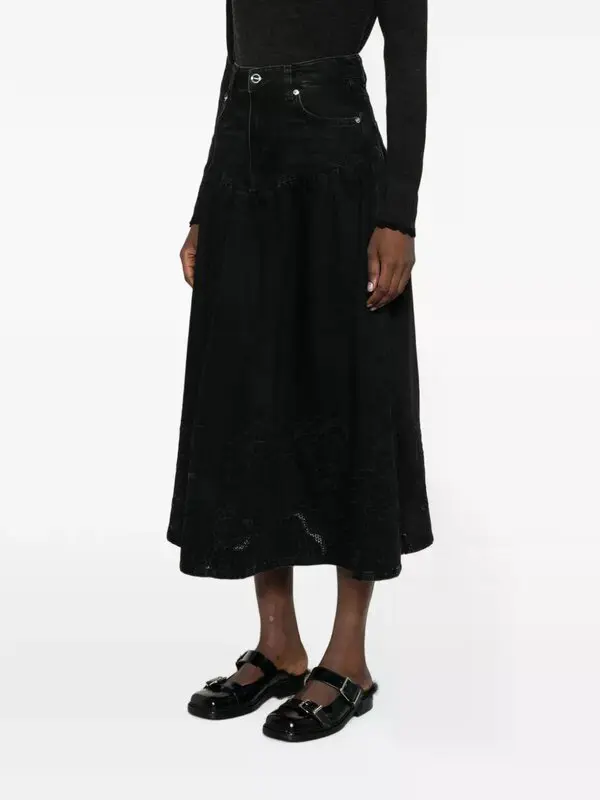 GANNI Embroidered Denim Midi Skirt - Black