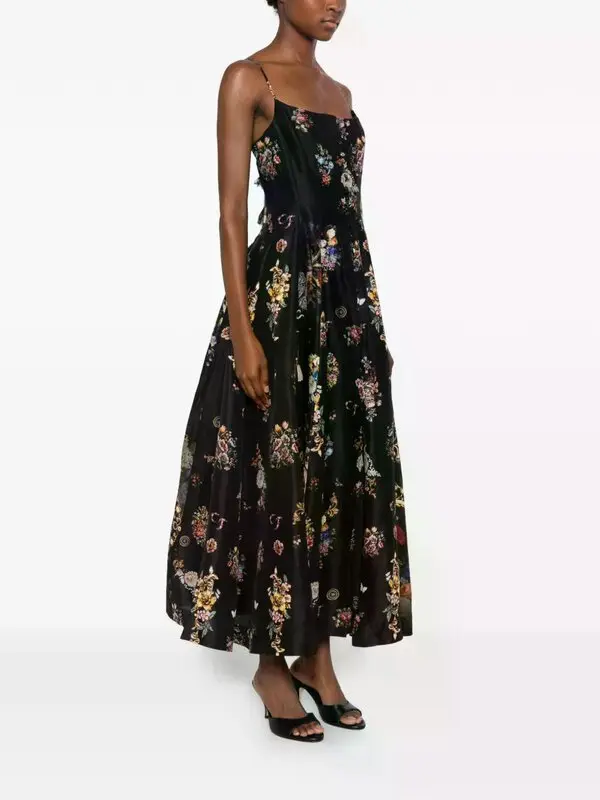 Camilla Floral Print Crystal Embellished Midi Dress - Black
