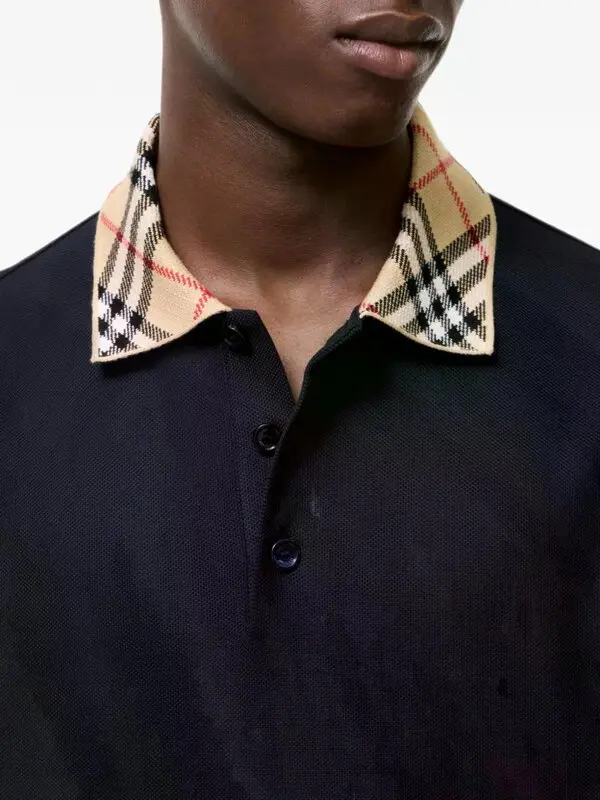 Burberry Long-sleeve Check Collar Cotton Polo Shirt