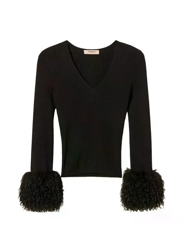 TWINSET Rib Knit Jumper With Faux Fur - Black