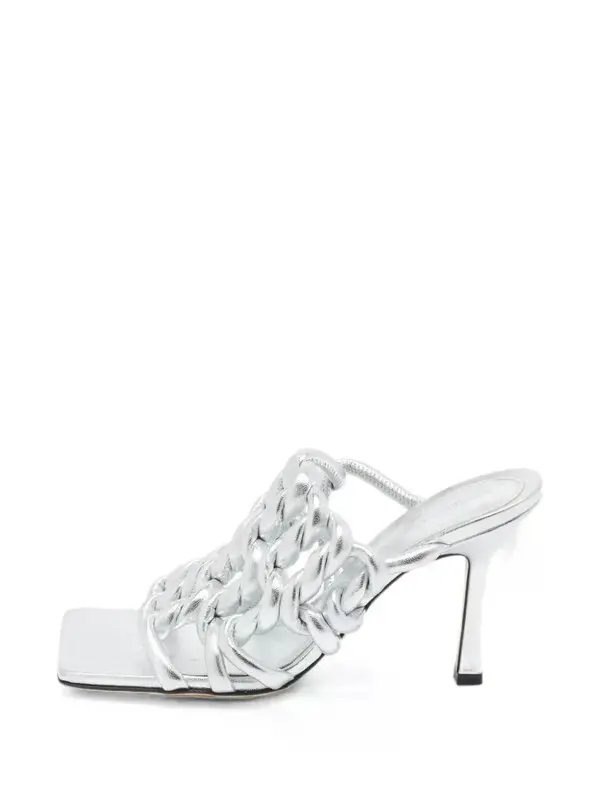 Bottega Veneta Tone Metallic Leather Intrecciato Woven Stiletto Heeled Sandals - Silver
