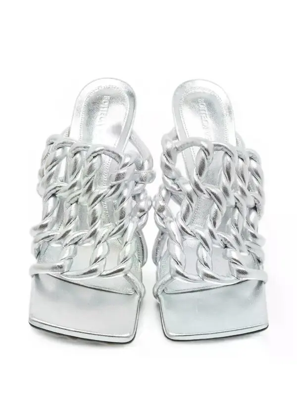 Bottega Veneta Tone Metallic Leather Intrecciato Woven Stiletto Heeled Sandals