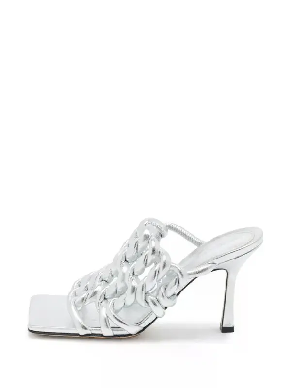 Bottega Veneta Tone Metallic Leather Intrecciato Woven Stiletto Heeled Sandals - Silver