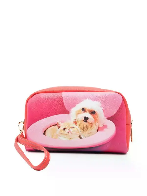 SELETTI Toiletpaper Cat And Dog Print Saffiano Leather Makeup Bag - Pink