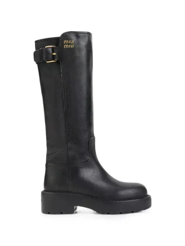 Miu Miu Buckle-detail Logo-plaque Boots - Black