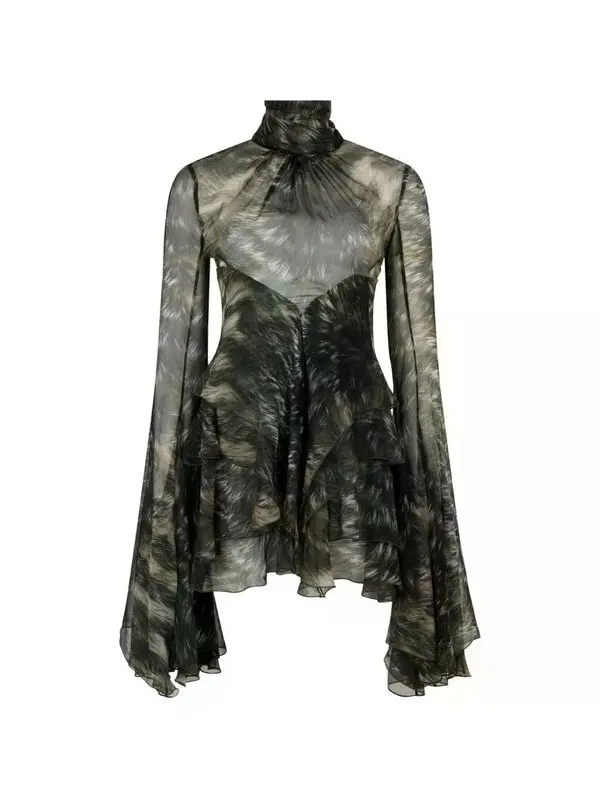 Roberto Cavalli Fur-print Ruffled Mini Dress - Grey