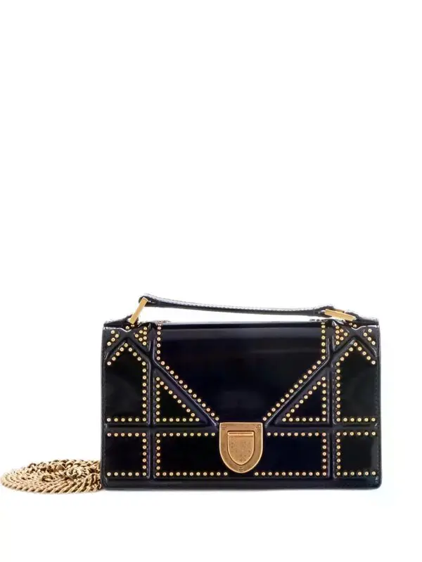 Dior Diorama Chain Flap Clutch Studded Patent Crossbody Bag - Black