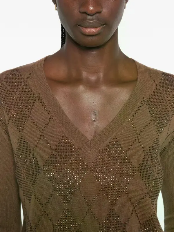 Max Mara Argyle Pattern Stud Embellished V-neck Sweater
