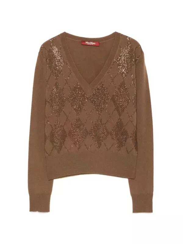 Max Mara Argyle Pattern Stud Embellished V-neck Sweater - Brown