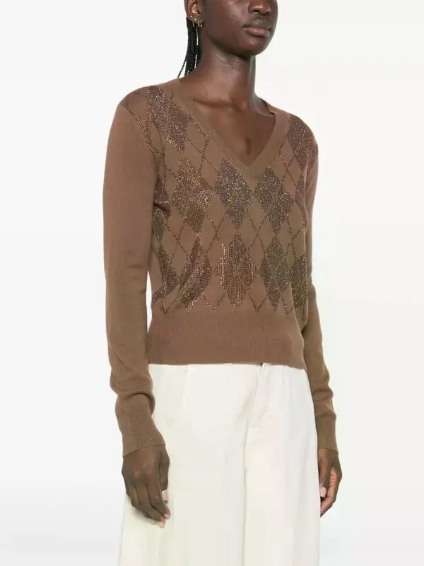 Max Mara Argyle Pattern Stud Embellished V-neck Sweater