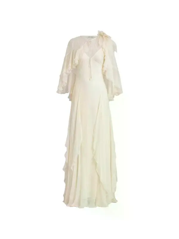 Alberta Ferretti Ruffled Silk Cape Maxi Dress - White