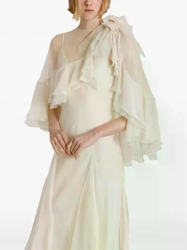 Alberta Ferretti Ruffled Silk Cape Maxi Dress - White