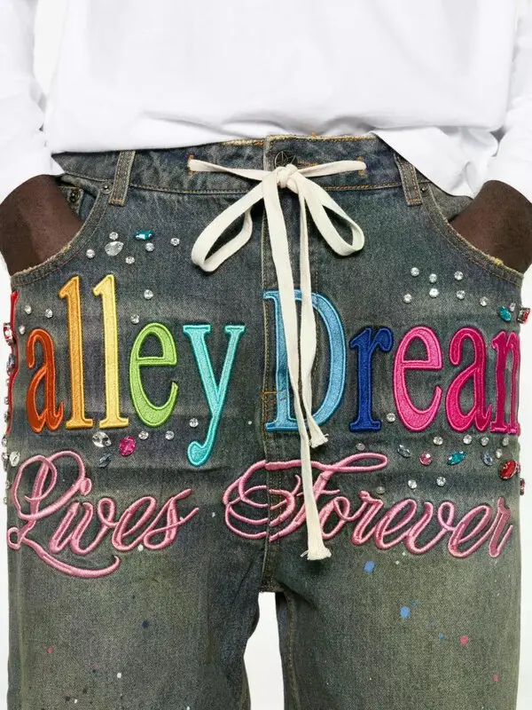 VALE FOREVER Crystal Embellished Embroidered Wide Leg Jeans