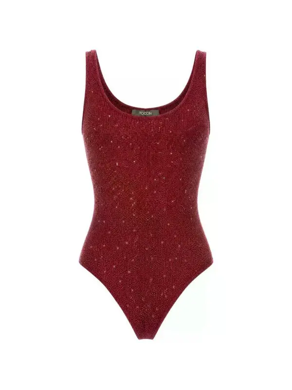 TOCCIN Sheila Sequin Embellished Ribbed Top - Red