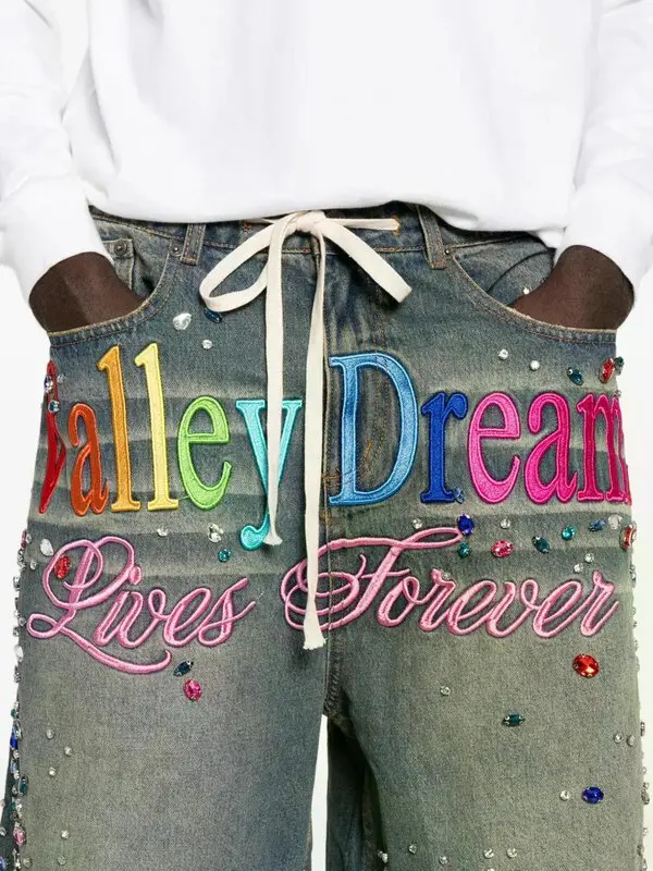 VALE FOREVER Crystal Embellished Embroidered Denim Shorts
