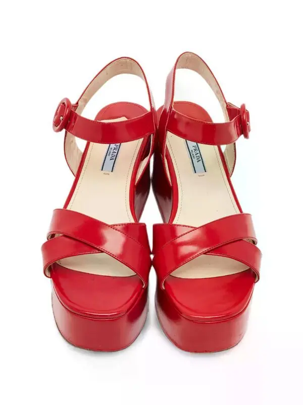 Prada Leather Platform Wedge Ankle Strap Sandals