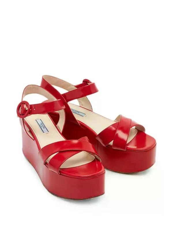 Prada Leather Platform Wedge Ankle Strap Sandals