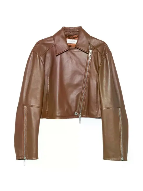 Sportmax Cropped Leather Jacket With Fringing - Brown