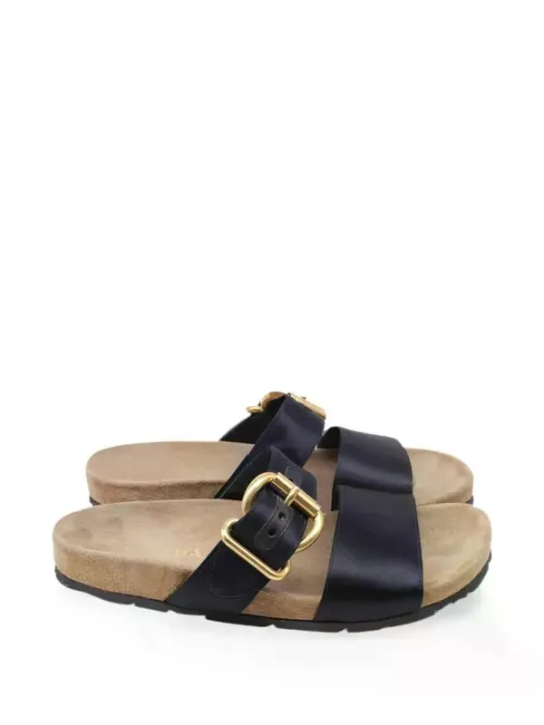 Prada Black Satin Double Strap Slide Sandals With Gold Tone Buckle - Blue