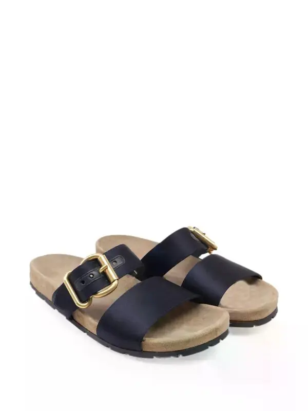 Prada Black Satin Double Strap Slide Sandals With Gold Tone Buckle - Blue