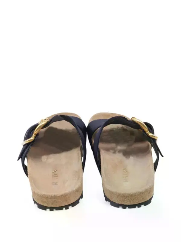 Prada Black Satin Double Strap Slide Sandals With Gold Tone Buckle - Blue