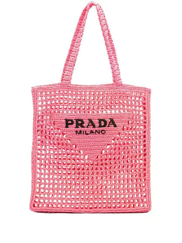 Prada 2013-2026 Raffia Effect Crochet Logo Embroidered Tote Bag