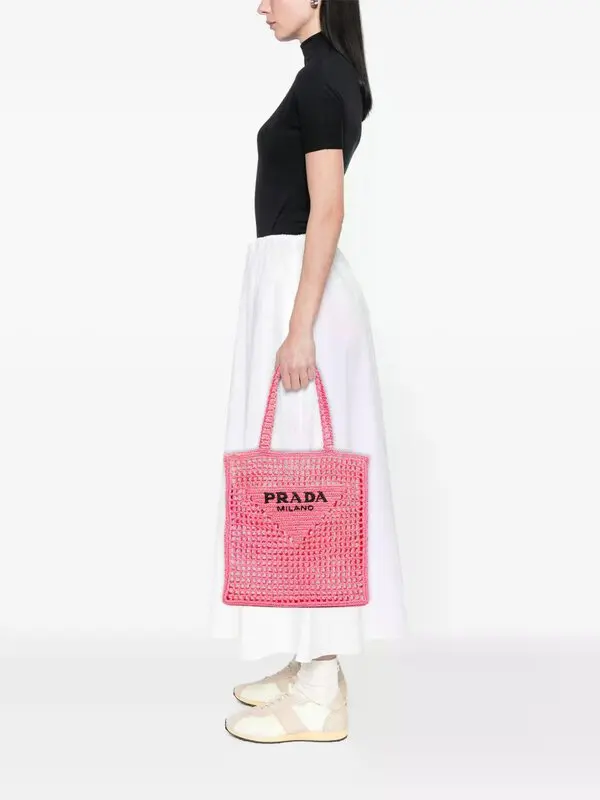 Prada 2013-2026 Raffia Effect Crochet Logo Embroidered Tote Bag