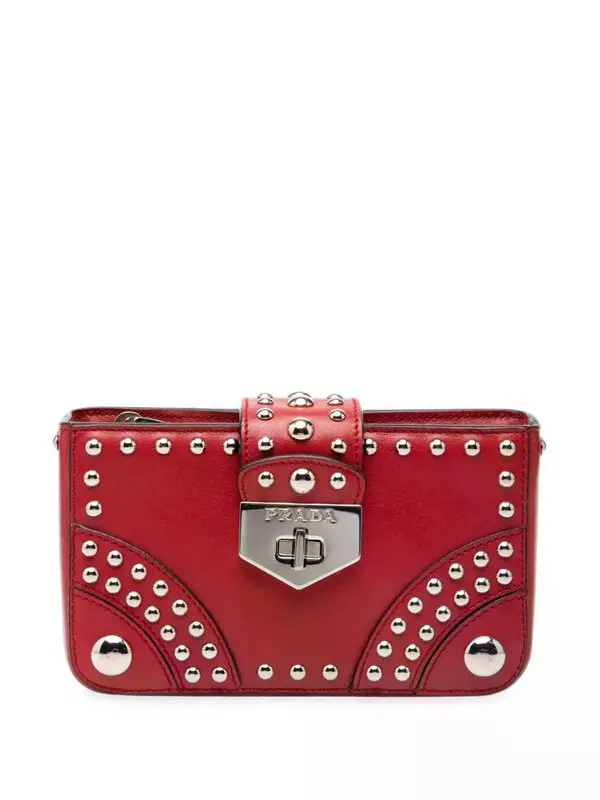 Prada 2010-2026 City Calfskin Studded Elektra Turn Lock Clutch Bag - Red