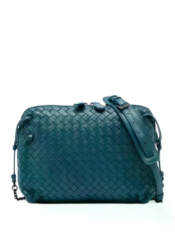 Bottega Veneta 2012-2026 Mini Nappa Intrecciato Nodini Double Zip Crossbody Bag - Blue