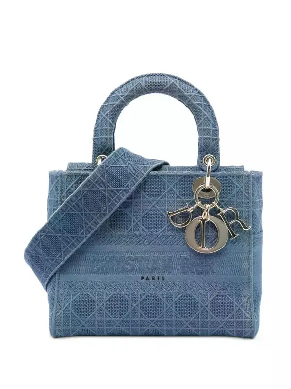 Dior 2020 Medium Embroidered Canvas Cannage Lady D Lite Satchel - Blue