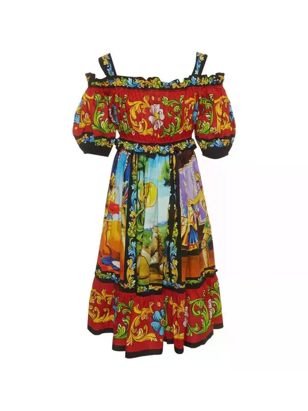 Dolce & Gabbana Carretto Siciliano Print Poplin Off-the-shoulder Midi Dress - Red