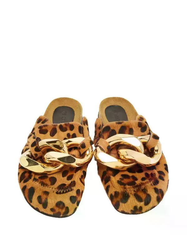 JW Anderson Leopard-print Calf Hair Mules With Gold-tone Chain Detail - Brown